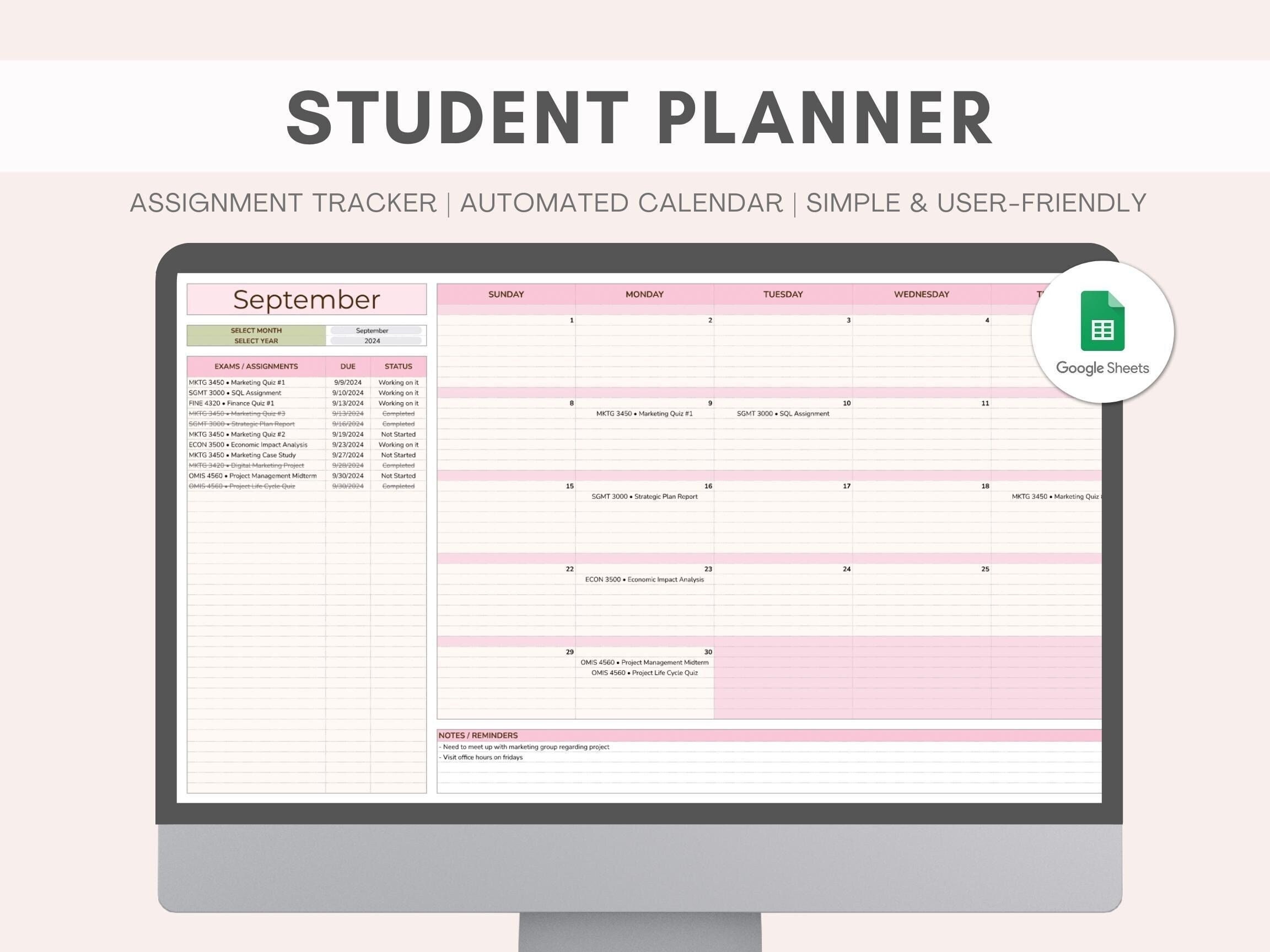 Student Planner Spreadsheet | Assignment Tracker | Academic Planner ...