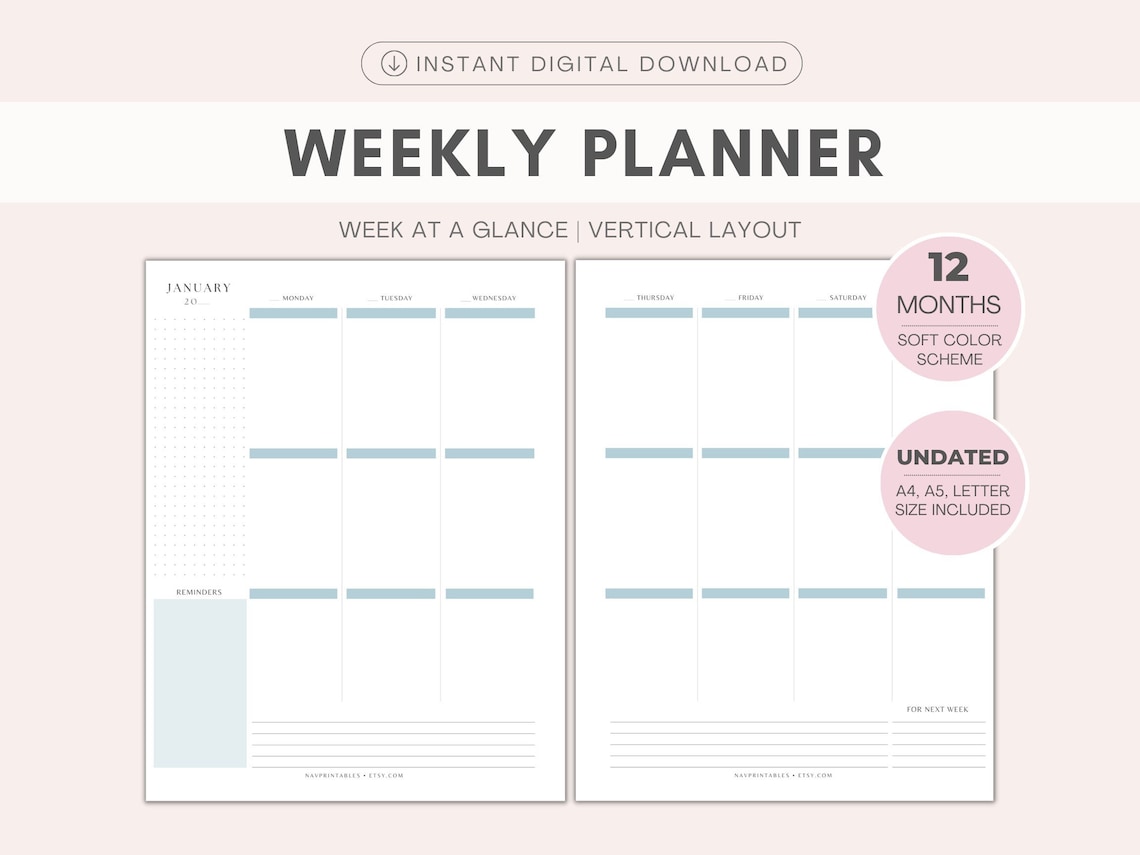 Weekly Planner, Printable Planner, Week at a Glance Minimalistic ...