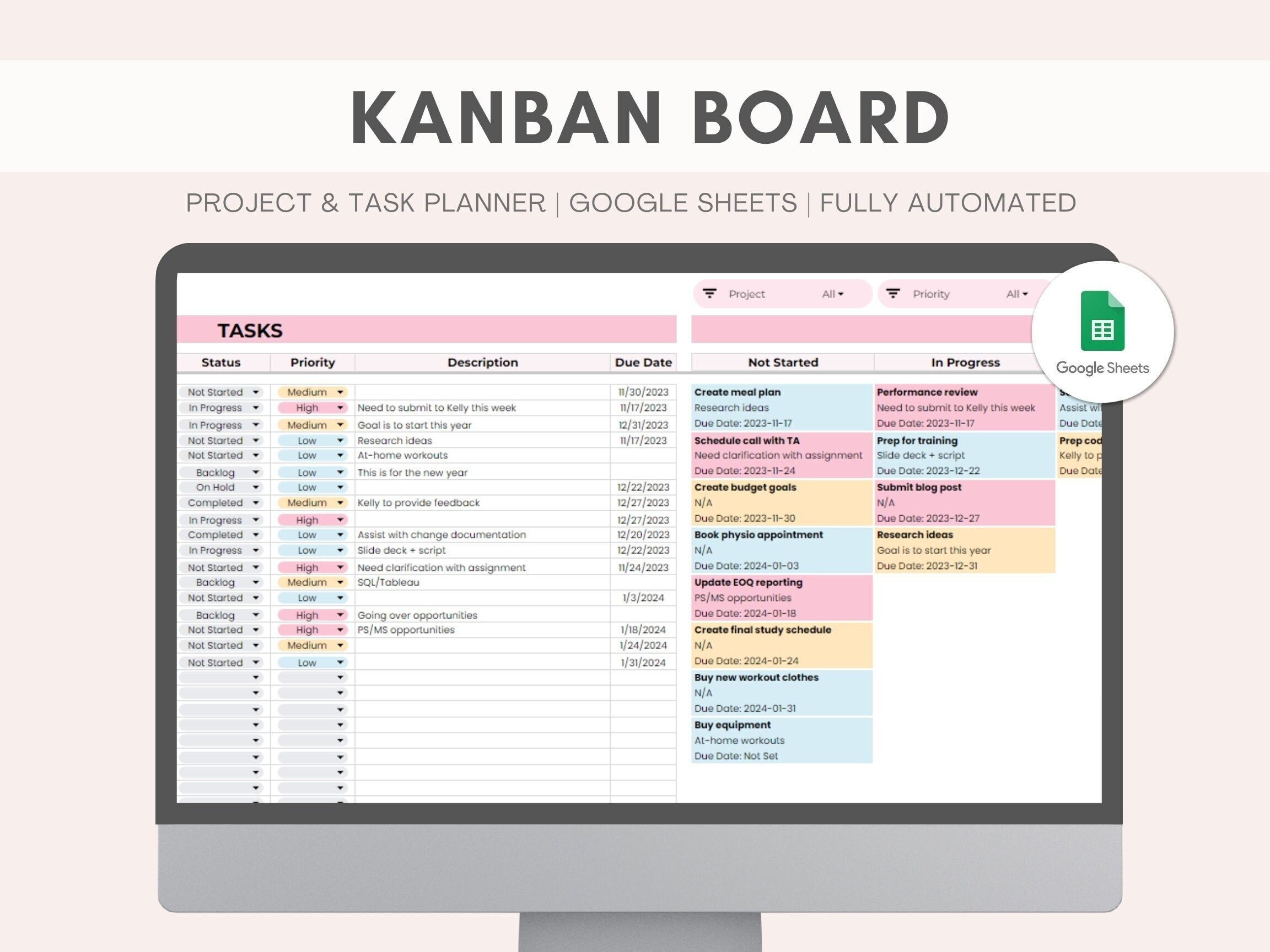 Kanban Board Spreadsheet Google Sheets Task Tracker to - Etsy UK