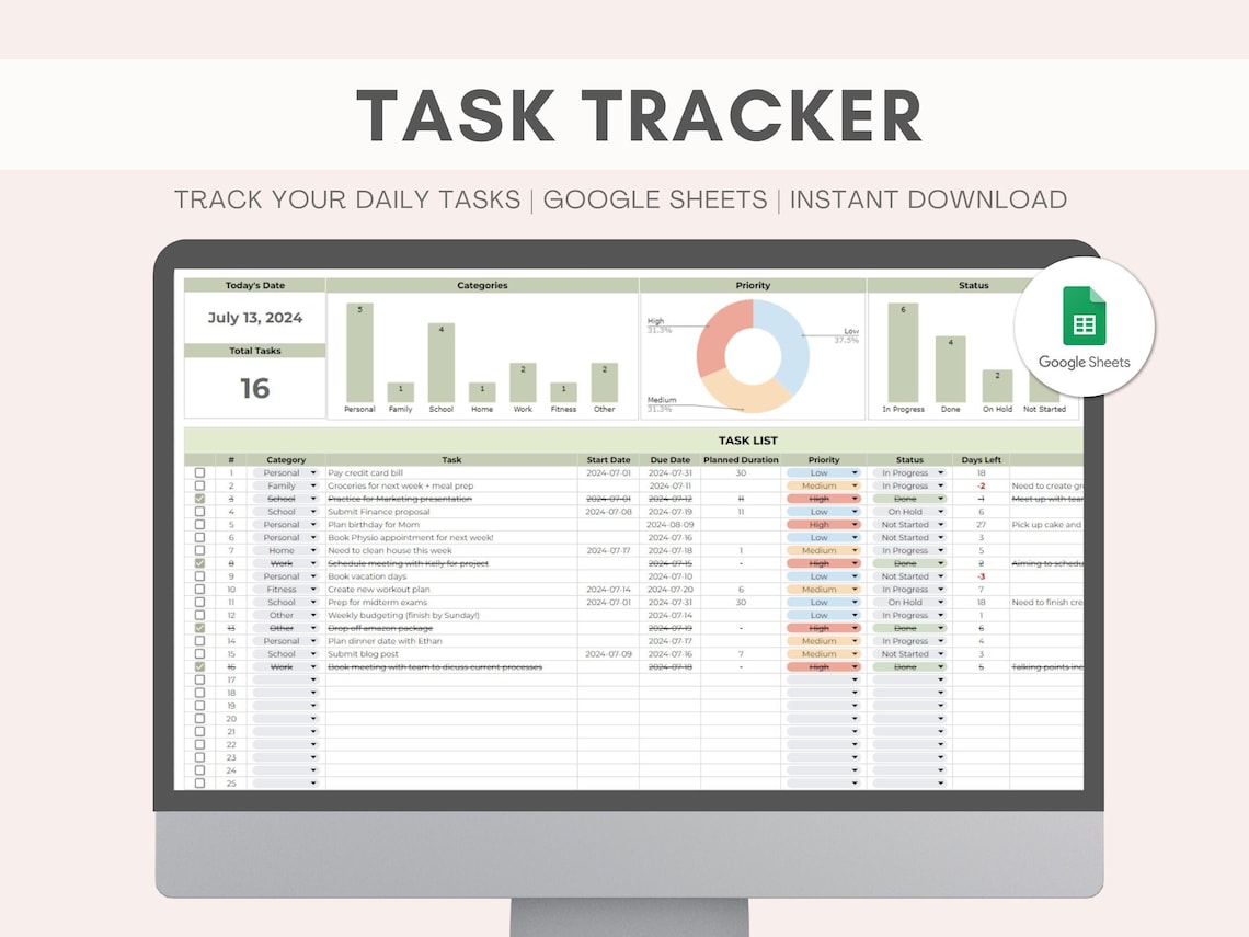 Task Tracker Spreadsheet | to Do List & Goal Tracker | Task List ...