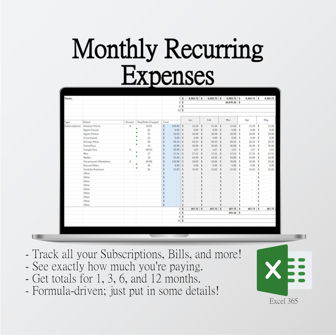 Monthly Recurring Expenses | Excel - Etsy