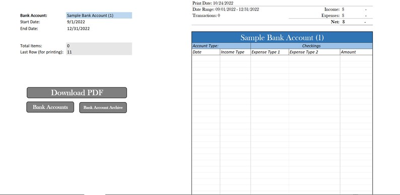 Bank Account Manager - Income and Expense Tracker W/ Downloadable PDF ...