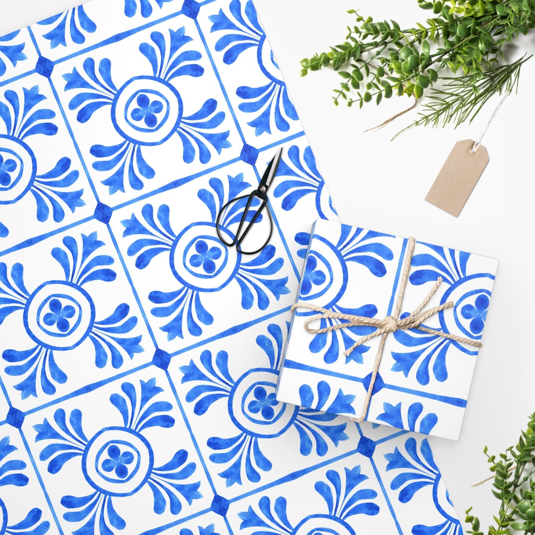 Blue Ceramic Tile Wrapping Paper, Blue Ceramic Tile Gift Wrap ...