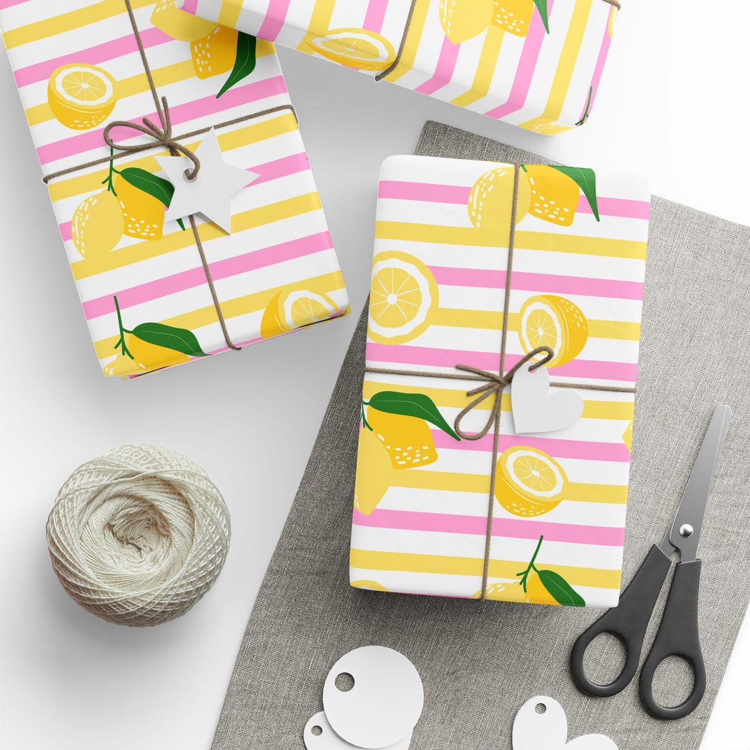 Summer Fruits Wrapping Paper, Yellow and Pink Lemon Pattern Gift Wrap ...