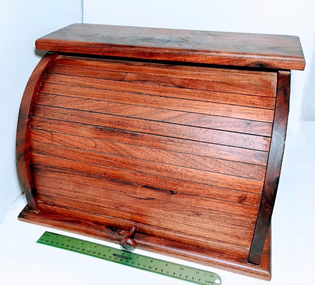 Antique Rollup Walnut Wooden Bread Box Large Wooden Counter Bread ...