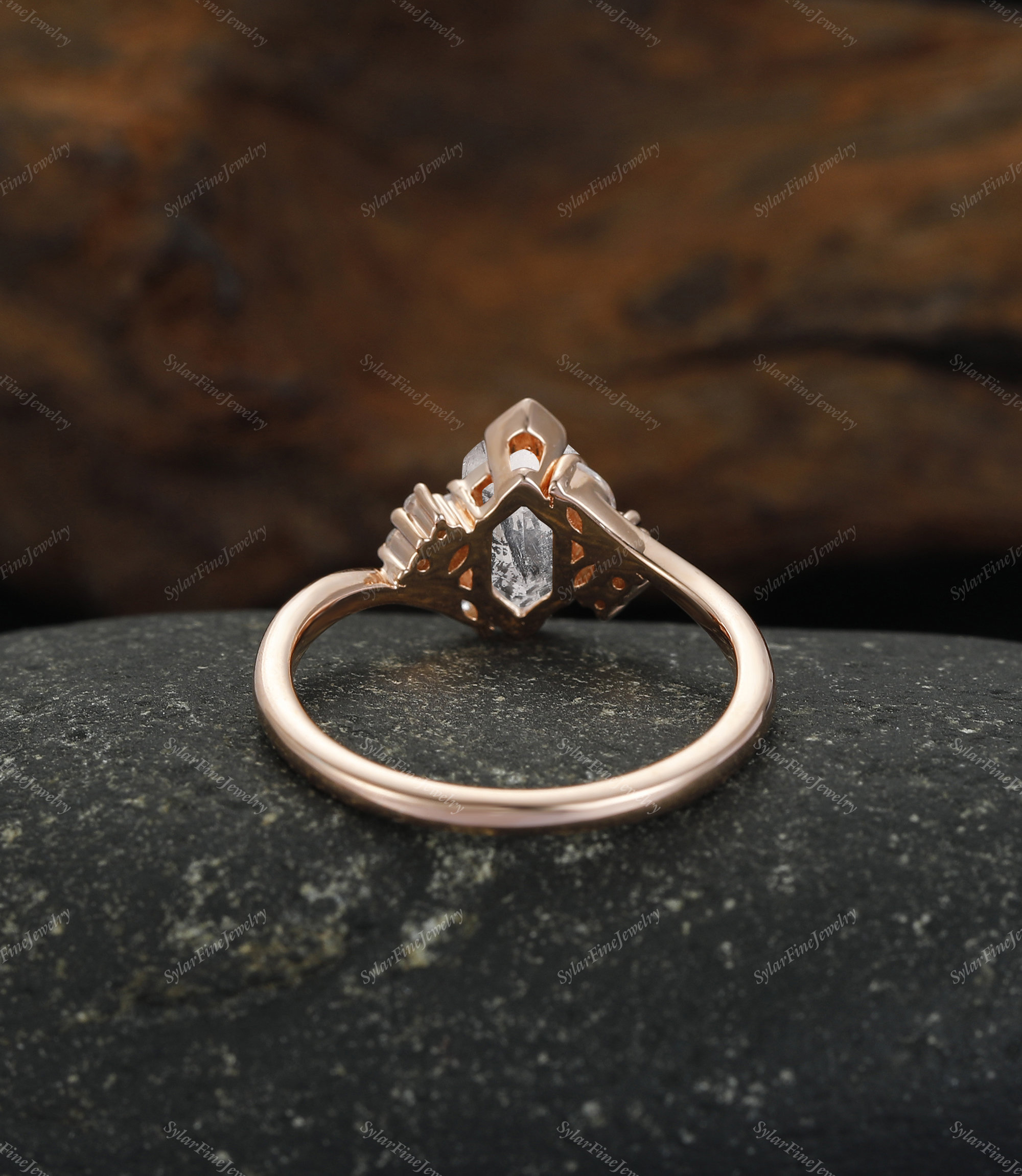 Long Hexagon Shape Herkimer Diamond Ring, Vintage Bridal Promise Ring ...