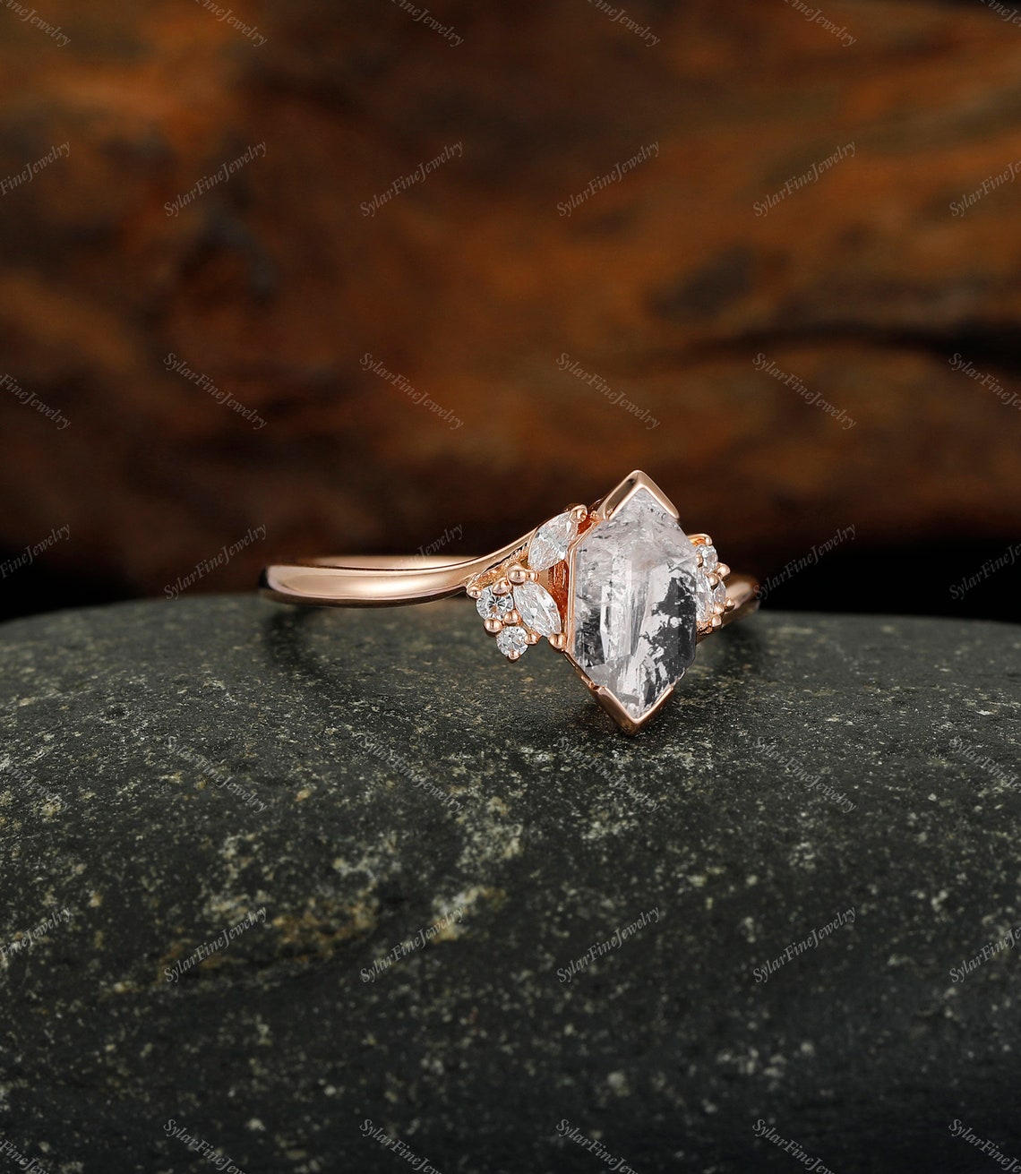 Long Hexagon Shape Herkimer Diamond Ring, Vintage Bridal Promise Ring ...
