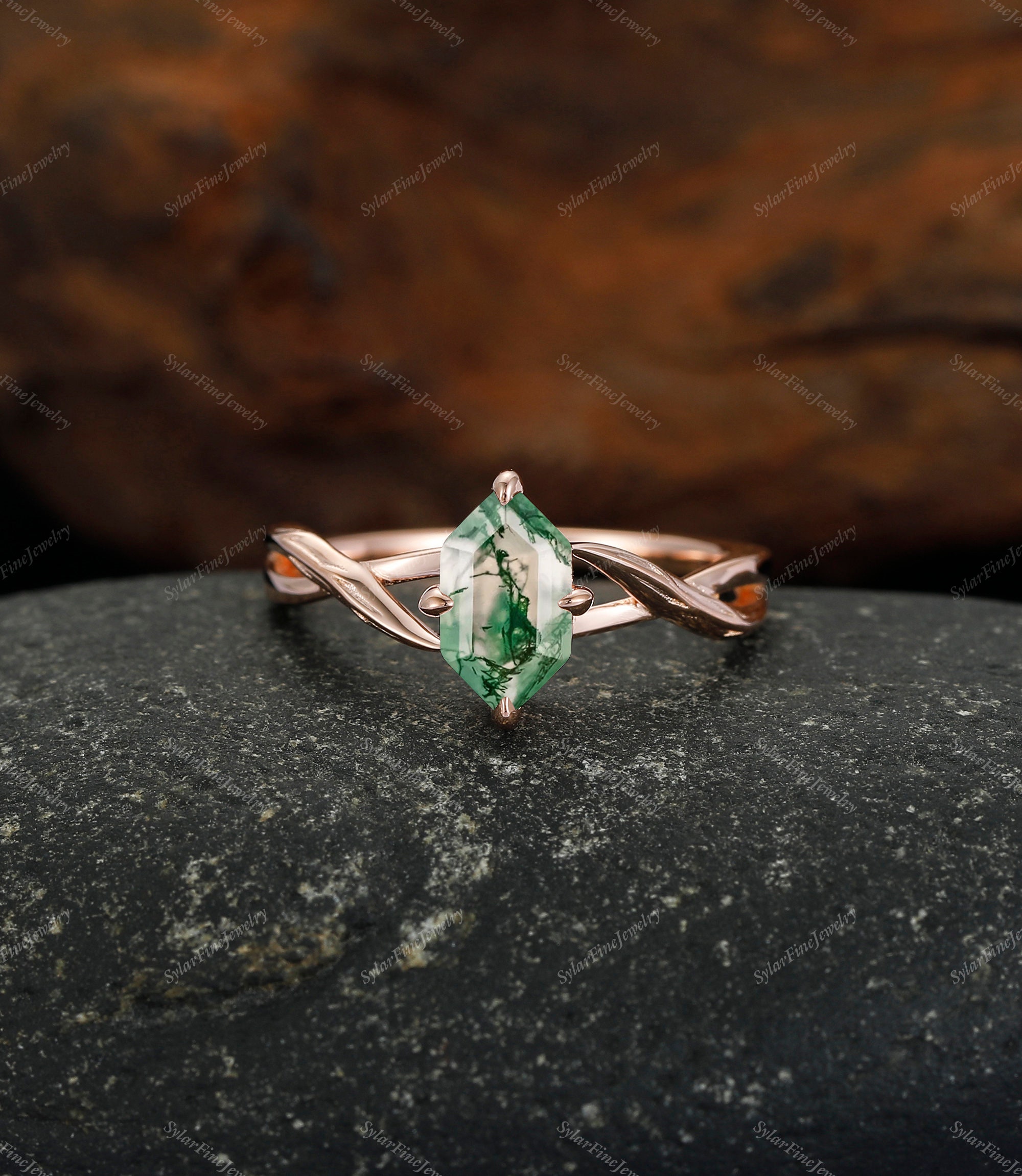 Antique Long Hexagon Shape Moissanite Ring, Vintage 14k Gold Ring ...