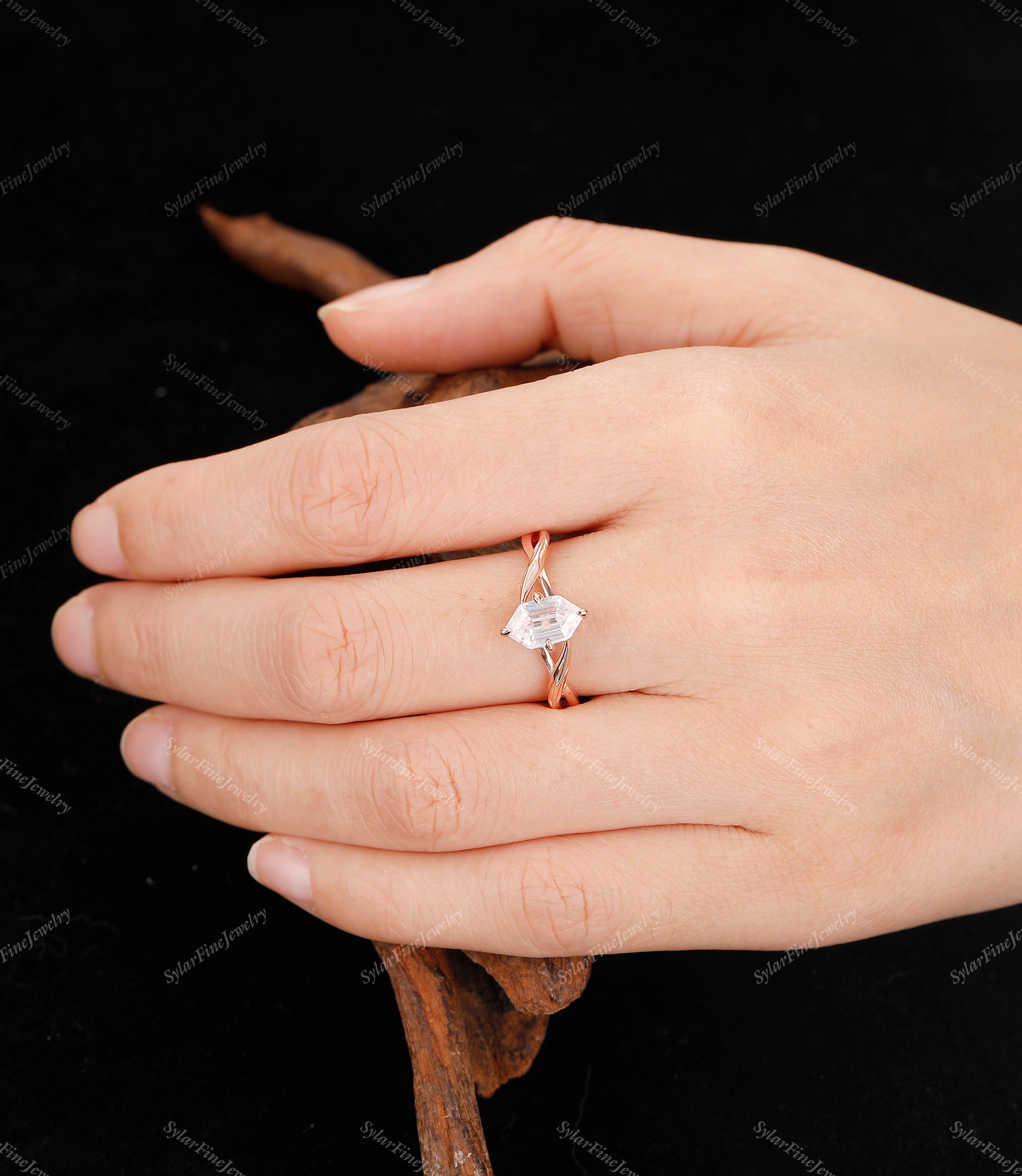 Antique Long Hexagon Shape Moissanite Ring, Vintage 14k Gold Ring ...