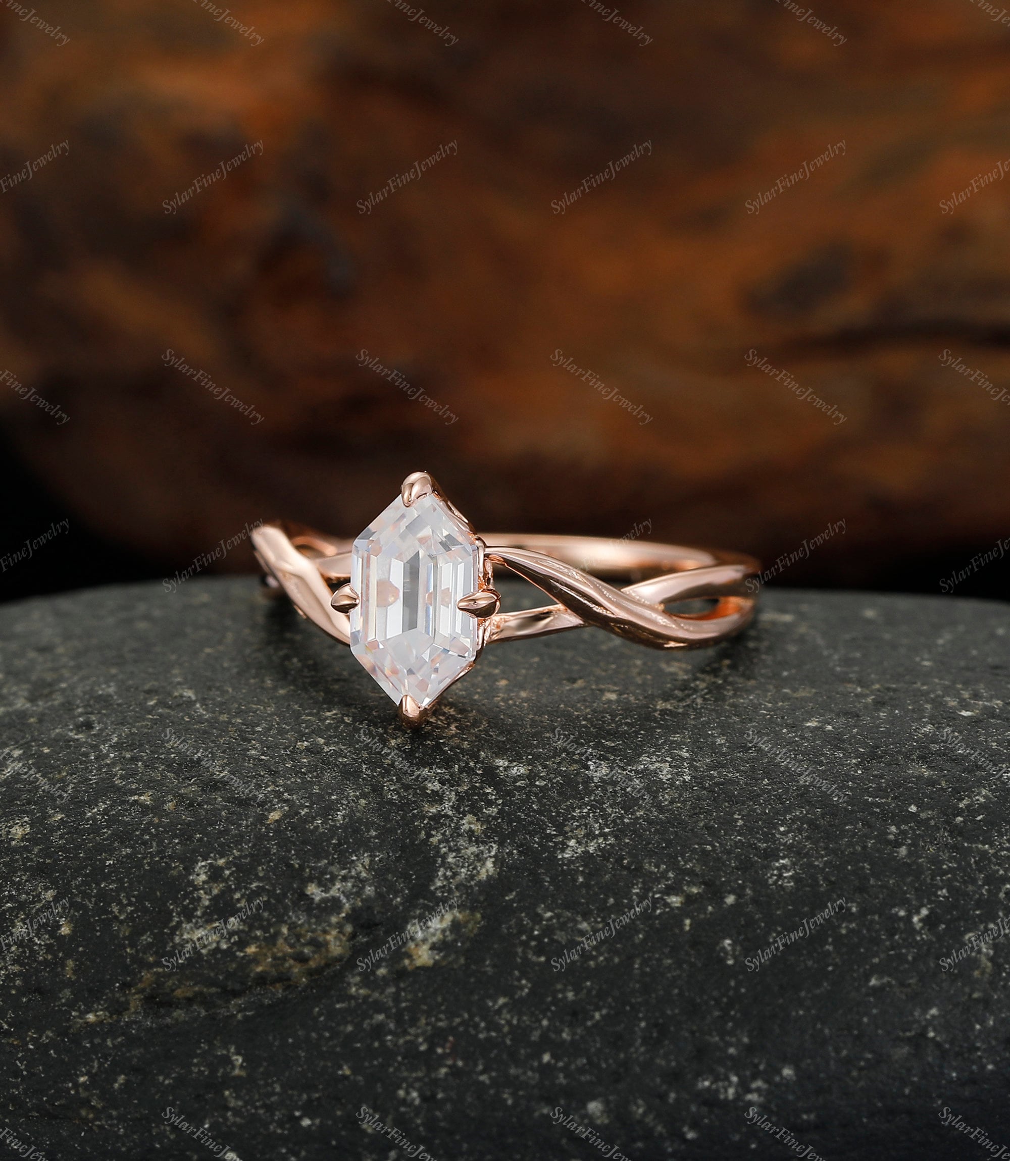 Antique Long Hexagon Shape Moissanite Ring, Vintage 14k Gold Ring ...