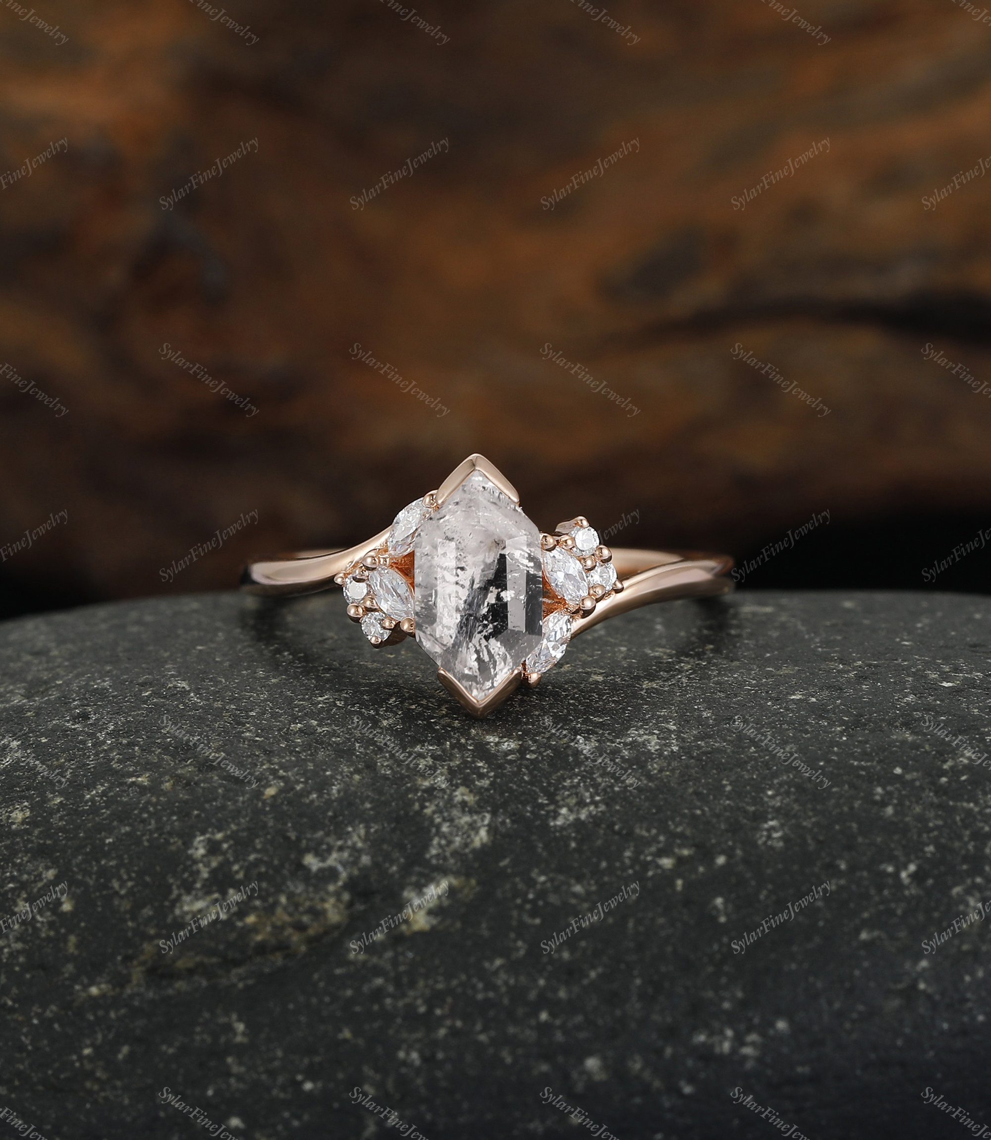 Long Hexagon Shape Herkimer Diamond Ring, Vintage Bridal Promise Ring ...