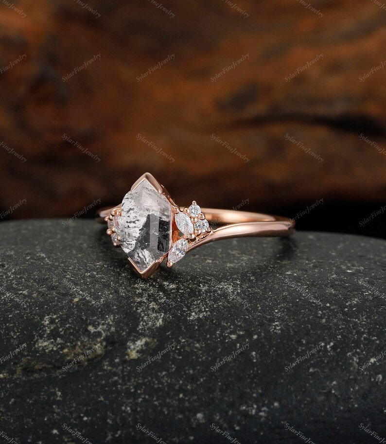 Long Hexagon Shape Herkimer Diamond Ring, Vintage Bridal Promise Ring ...