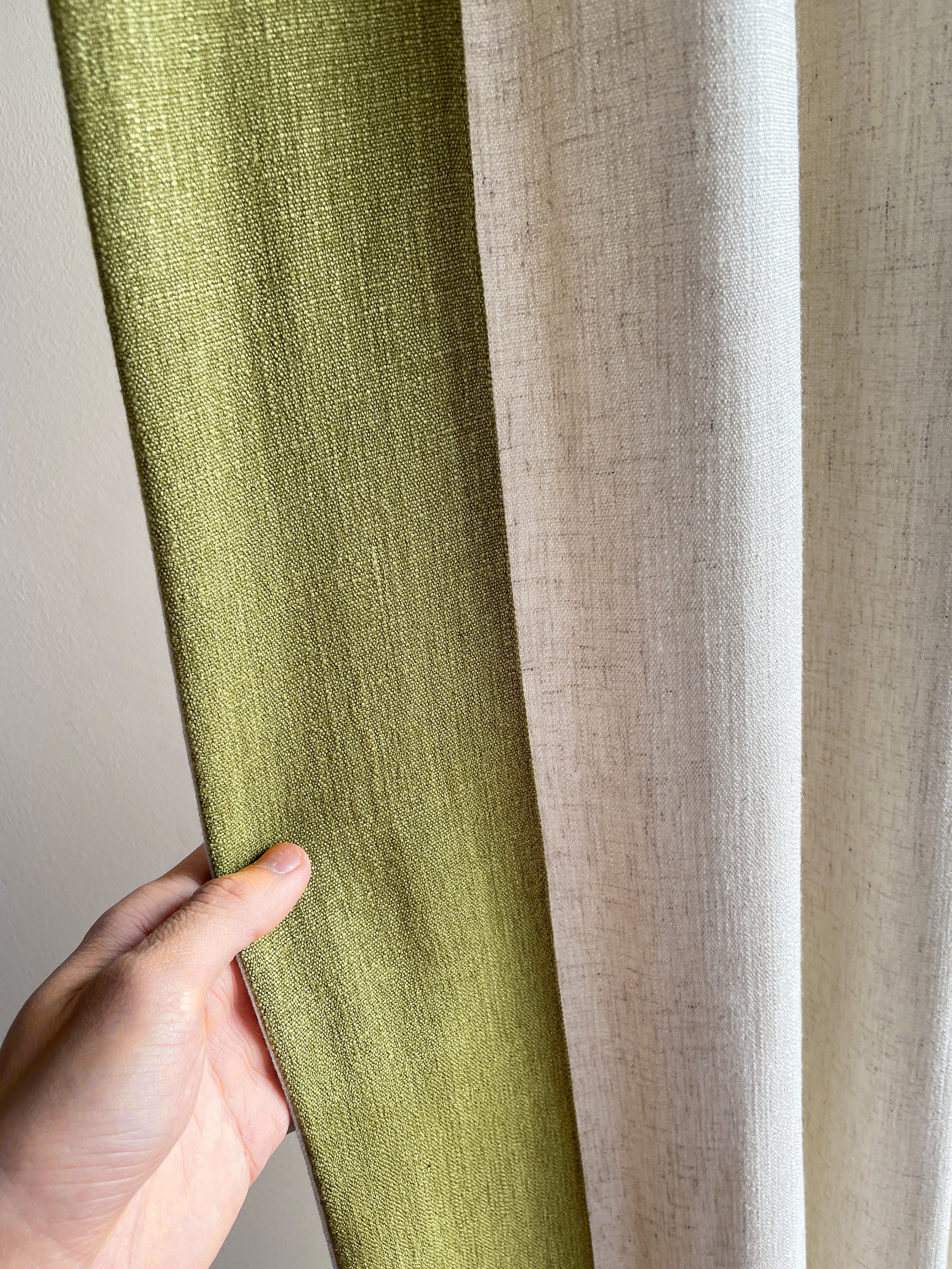 White Cotton Linen Curtain Panels,pleated Curtains With Green Contrast ...