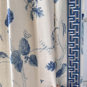 Blue Floral Cotton Linen Curtains, Curtains With Blue Geometric Trim ...