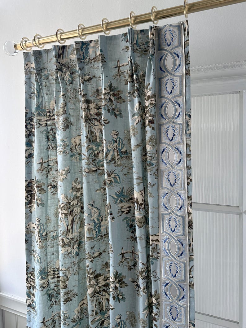 Blue Crushed Cotton Linen Curtains, Curtains With Blue Decorative Tape ...