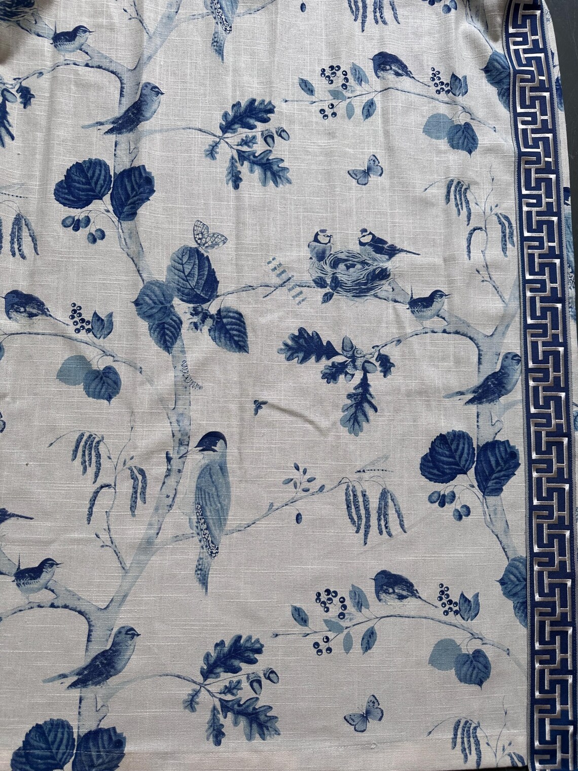 Blue Floral Cotton Linen Curtains, Curtains With Blue Geometric Trim ...