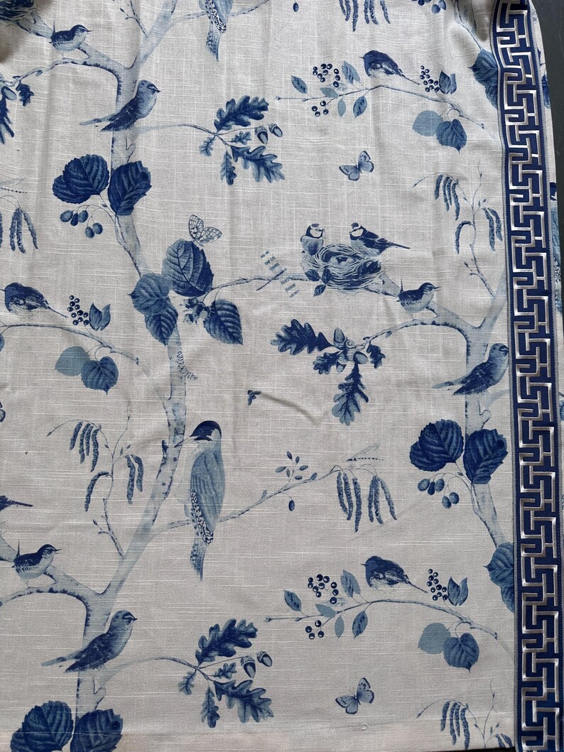 Blue Floral Cotton Linen Curtains, Curtains With Blue Geometric Trim ...