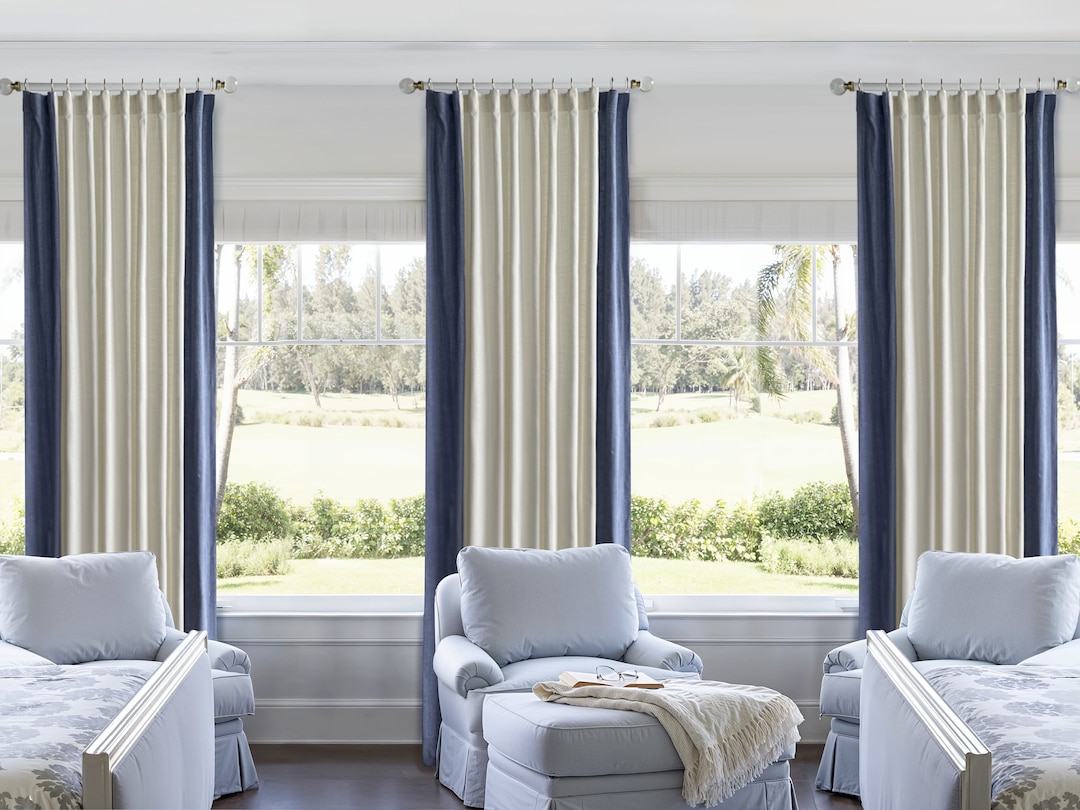 White Cotton Linen Curtain Panels With Blue Border,pleated Linen ...