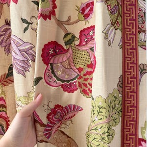 Red Floral Cotton Linen Curtains, Curtains With Red Geometric Trim ...