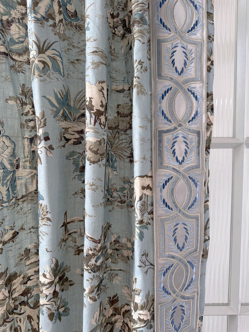 Blue Crushed Cotton Linen Curtains, Curtains With Blue Decorative Tape ...