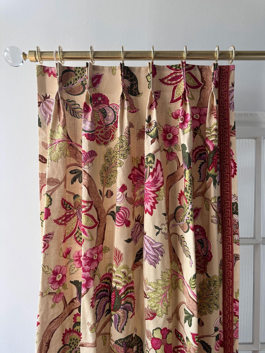 Red Floral Cotton Linen Curtains, Curtains With Red Geometric Trim ...