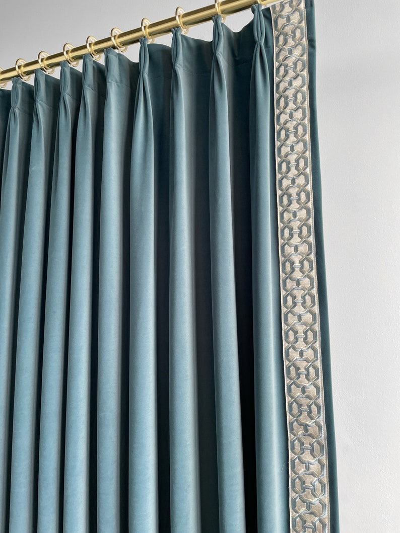 Blue Velvet Curtain Panels,pleated Curtains With Luxury Trim,beautiful ...