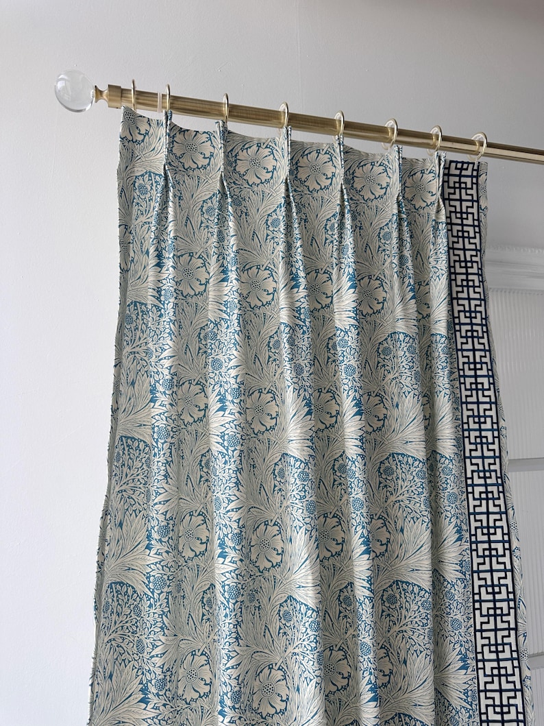 Blue Floral Pattern Linen Cotton Curtains With Blue Geometric Trim ...