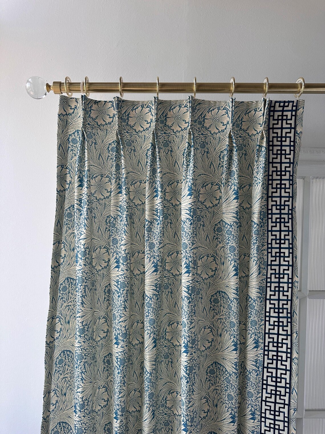 Blue Floral Pattern Linen Cotton Curtains With Blue Geometric Trim ...
