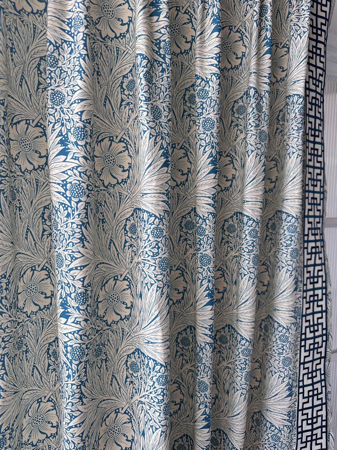 Blue Floral Pattern Linen Cotton Curtains With Blue Geometric Trim ...