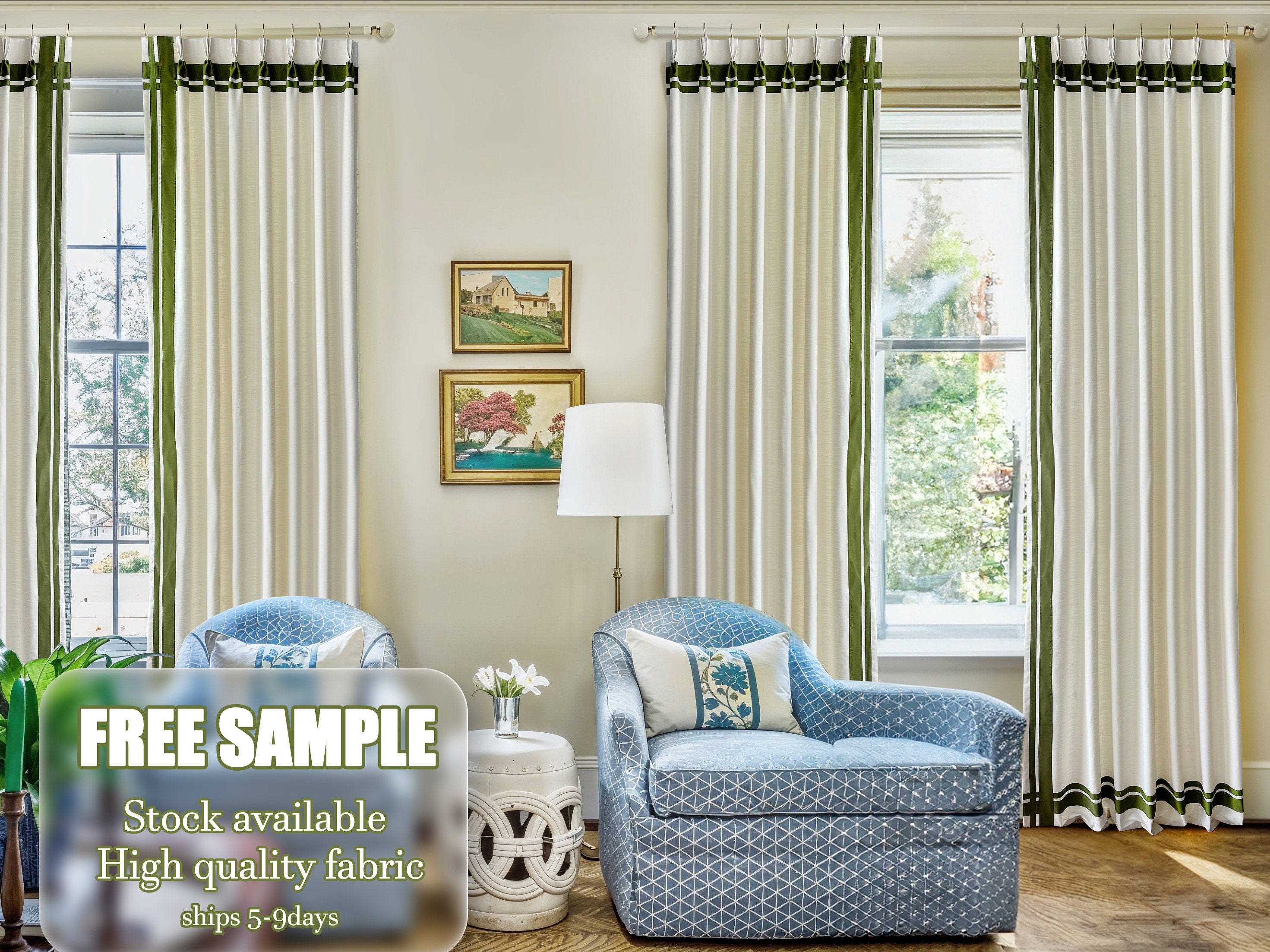 Pleated Curtains,white Linen Curtain Panels With Decorative Green ...