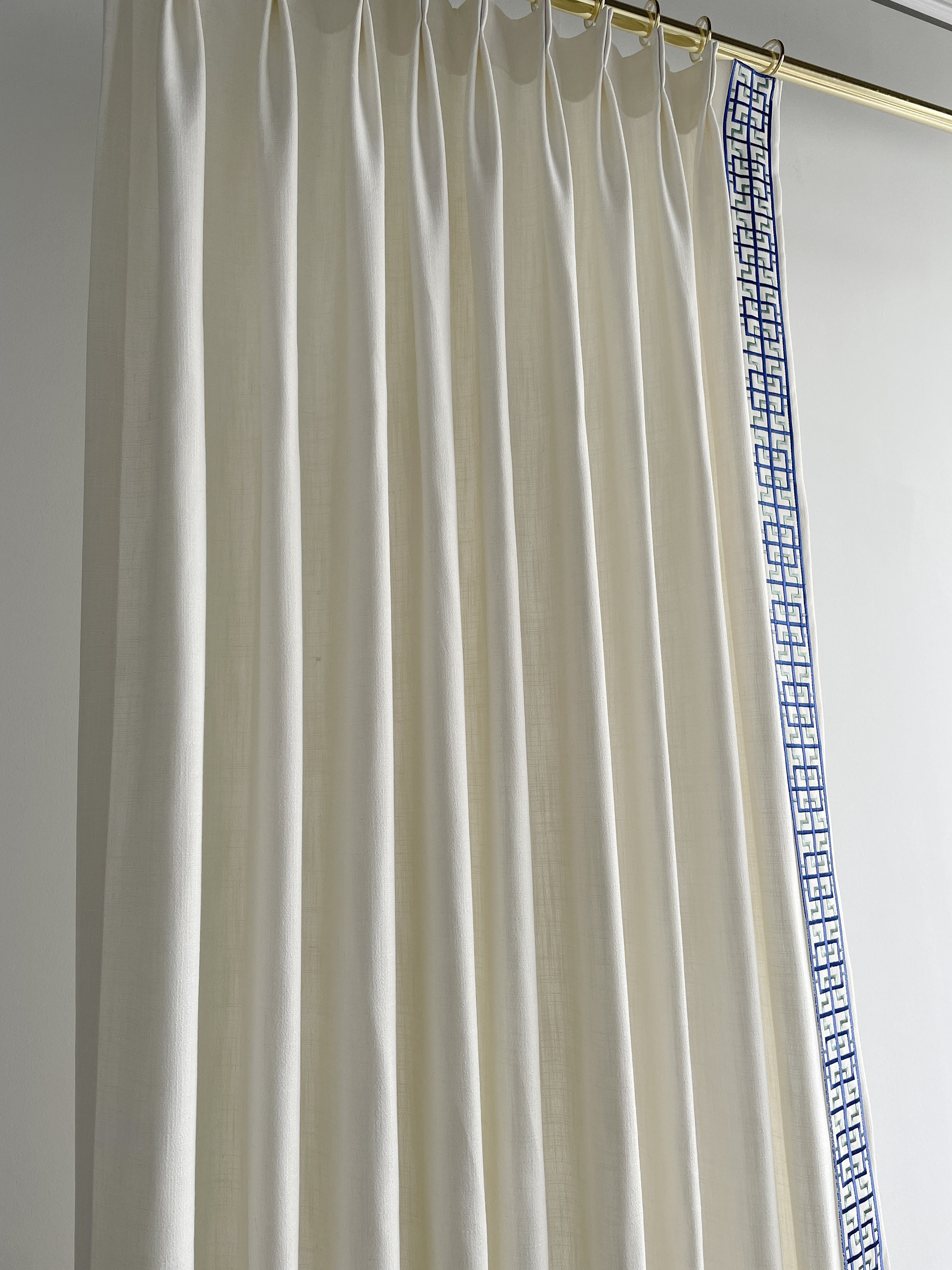 White Cotton Linen Curtain Panels,pleated Curtains With Blue Trim,linen ...