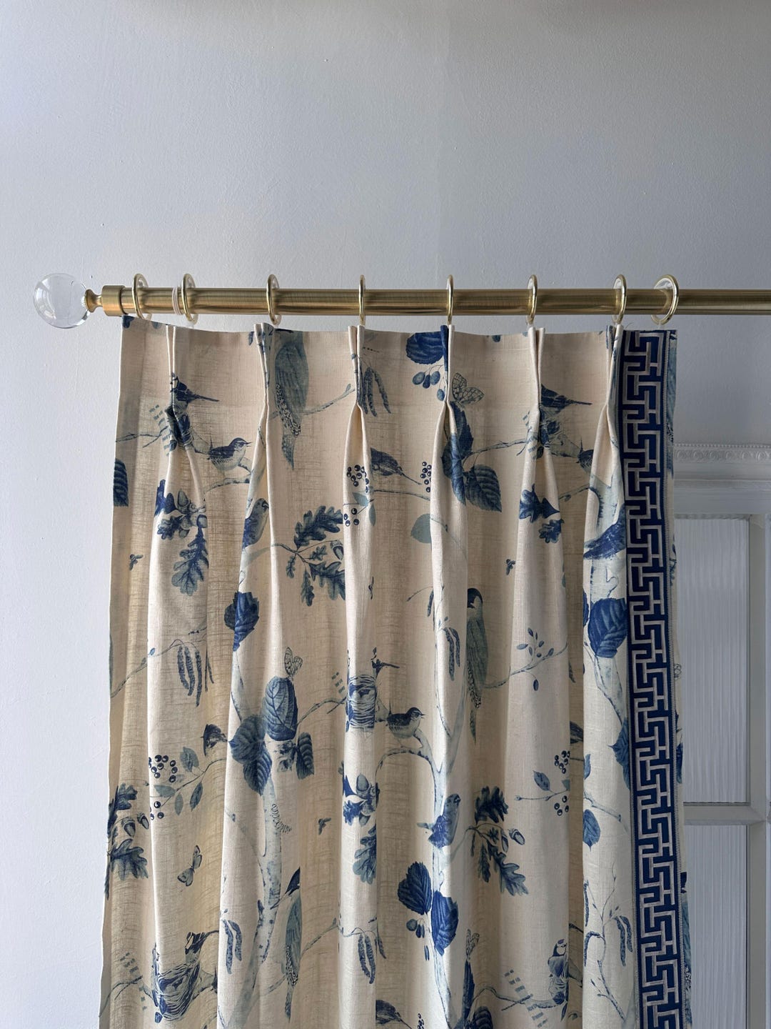Blue Floral Cotton Linen Curtains, Curtains With Blue Geometric Trim ...