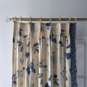 Blue Floral Cotton Linen Curtains, Curtains With Blue Geometric Trim ...