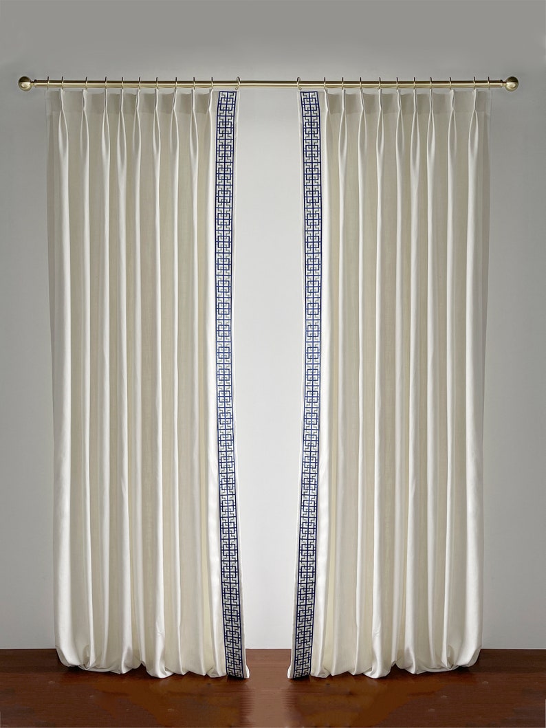 White Cotton Linen Curtain Panels,pleated Curtains With Blue Trim,linen ...