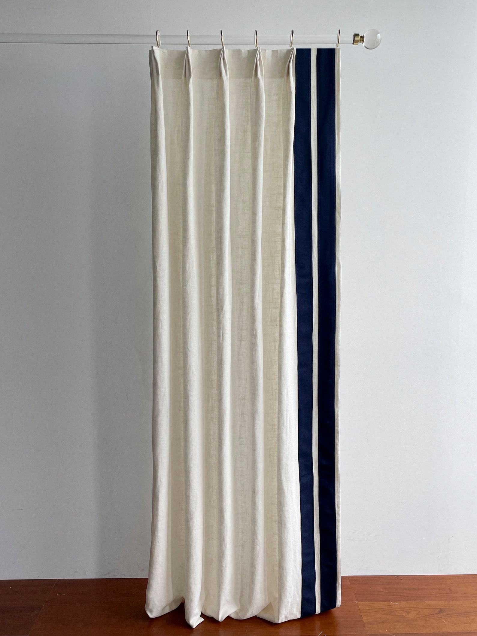 White Cotton Linen Curtain Panels,pleated Curtains With Decorative Blue ...