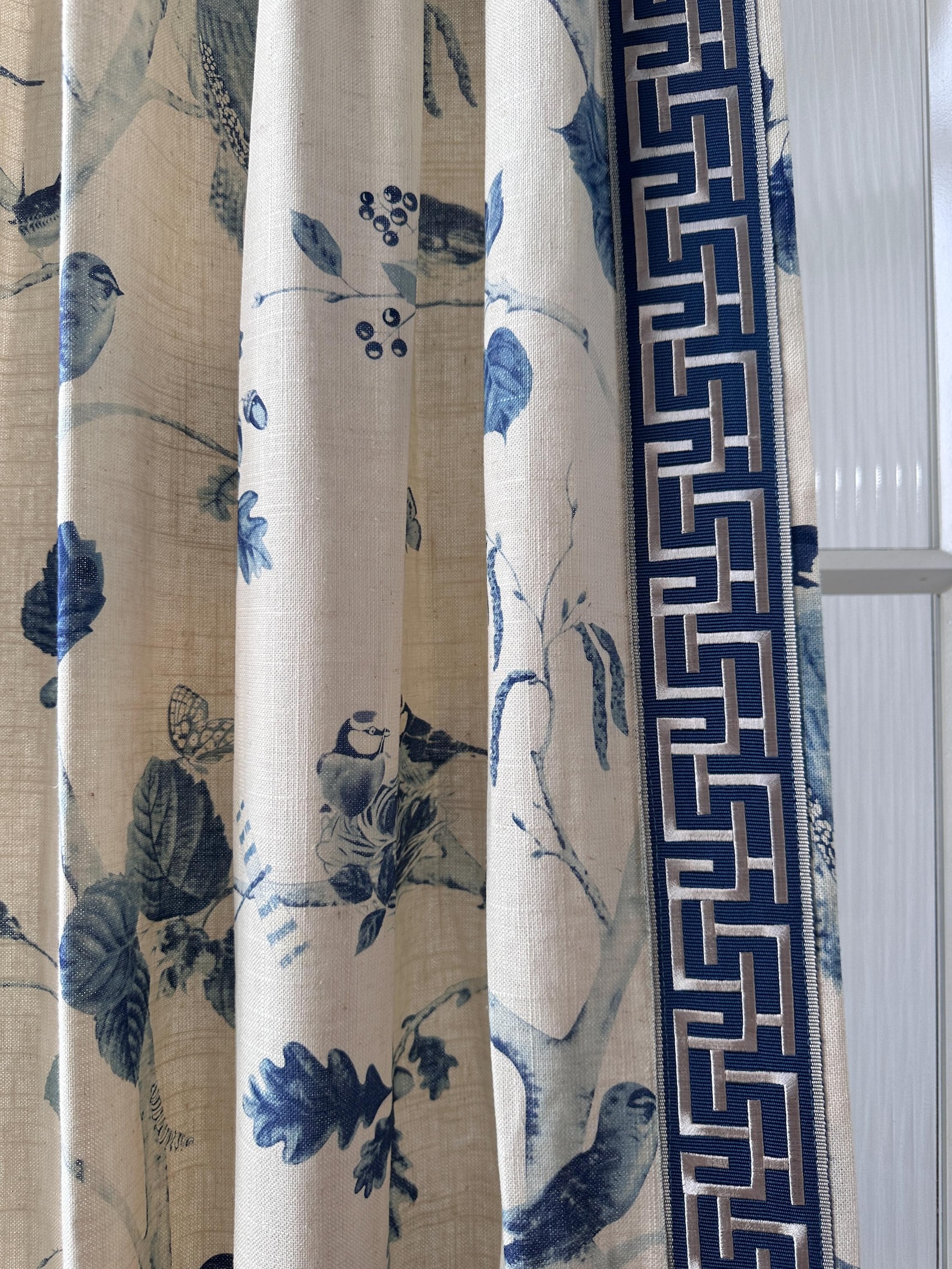 Blue Floral Cotton Linen Curtains, Curtains With Blue Geometric Trim ...