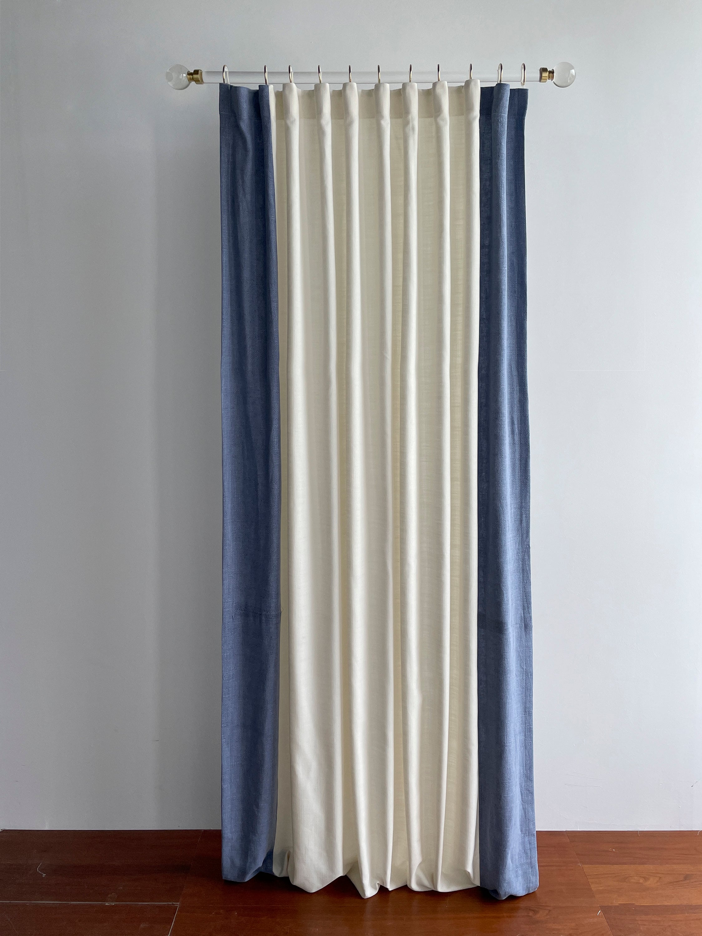 White Cotton Linen Curtain Panels With Blue Border,pleated Linen ...