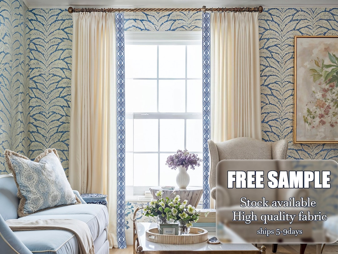 White Cotton Linen Curtain Panels,pleated Curtains With Blue Trim ...