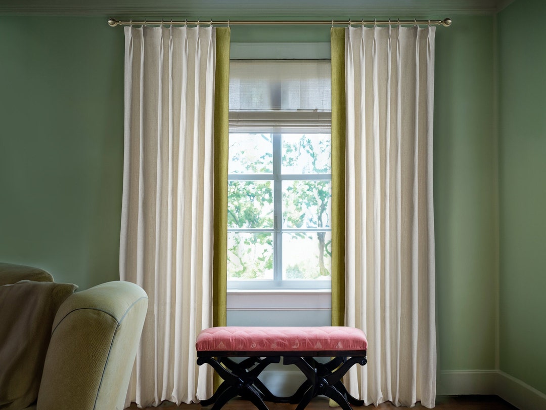 White Cotton Linen Curtain Panels,pleated Curtains With Green Contrast ...