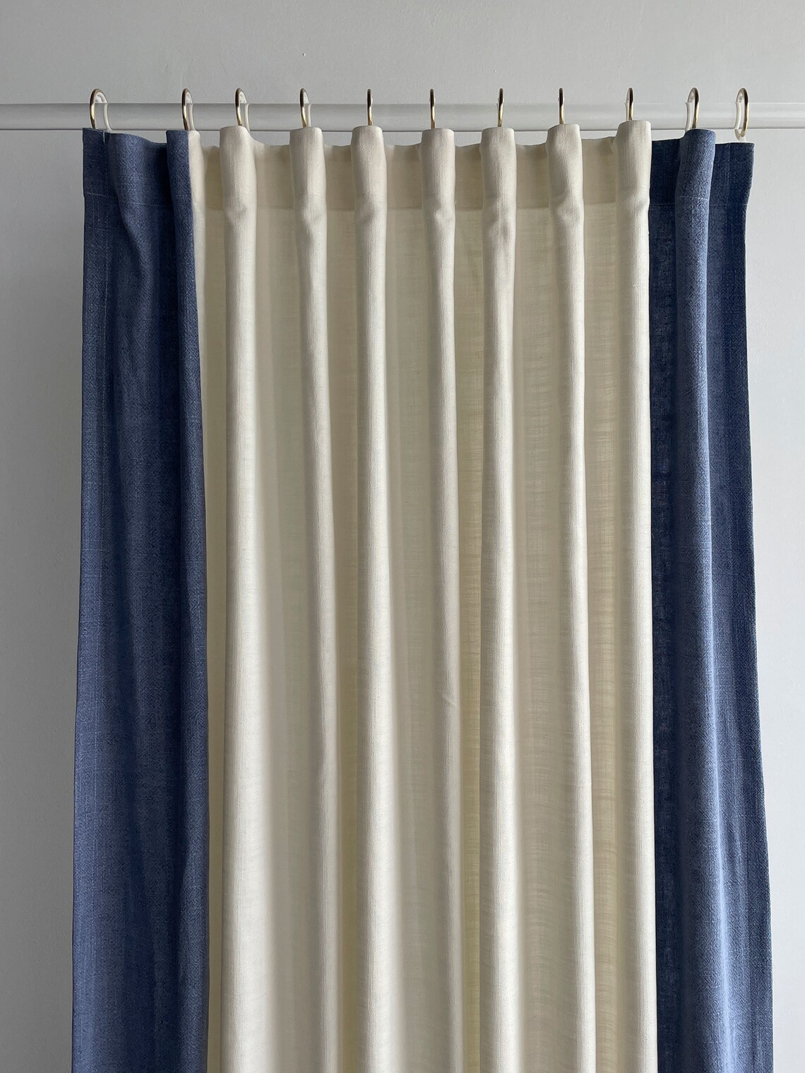 White Cotton Linen Curtain Panels With Blue Border,pleated Linen ...