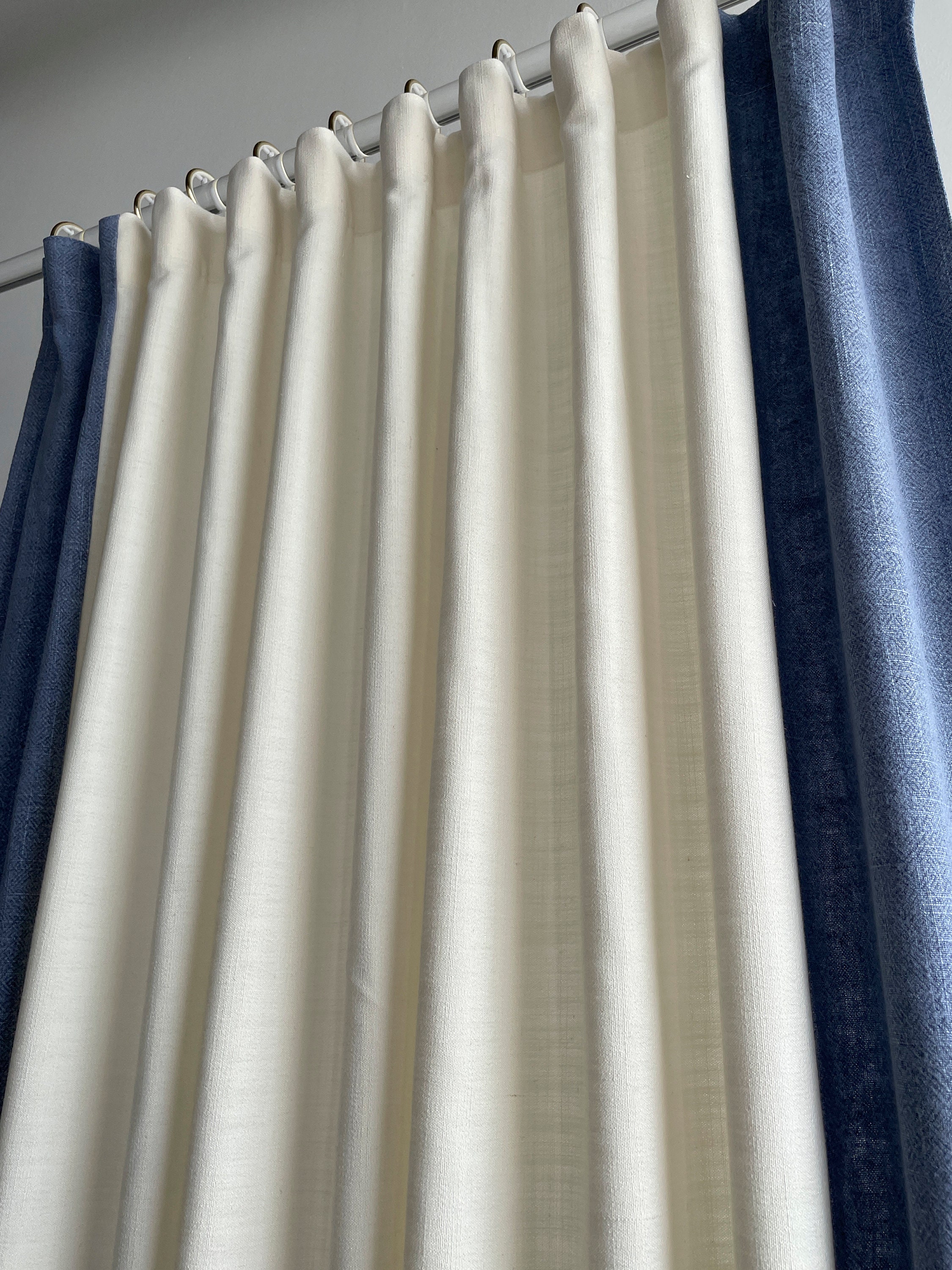 White Cotton Linen Curtain Panels With Blue Border,pleated Linen ...