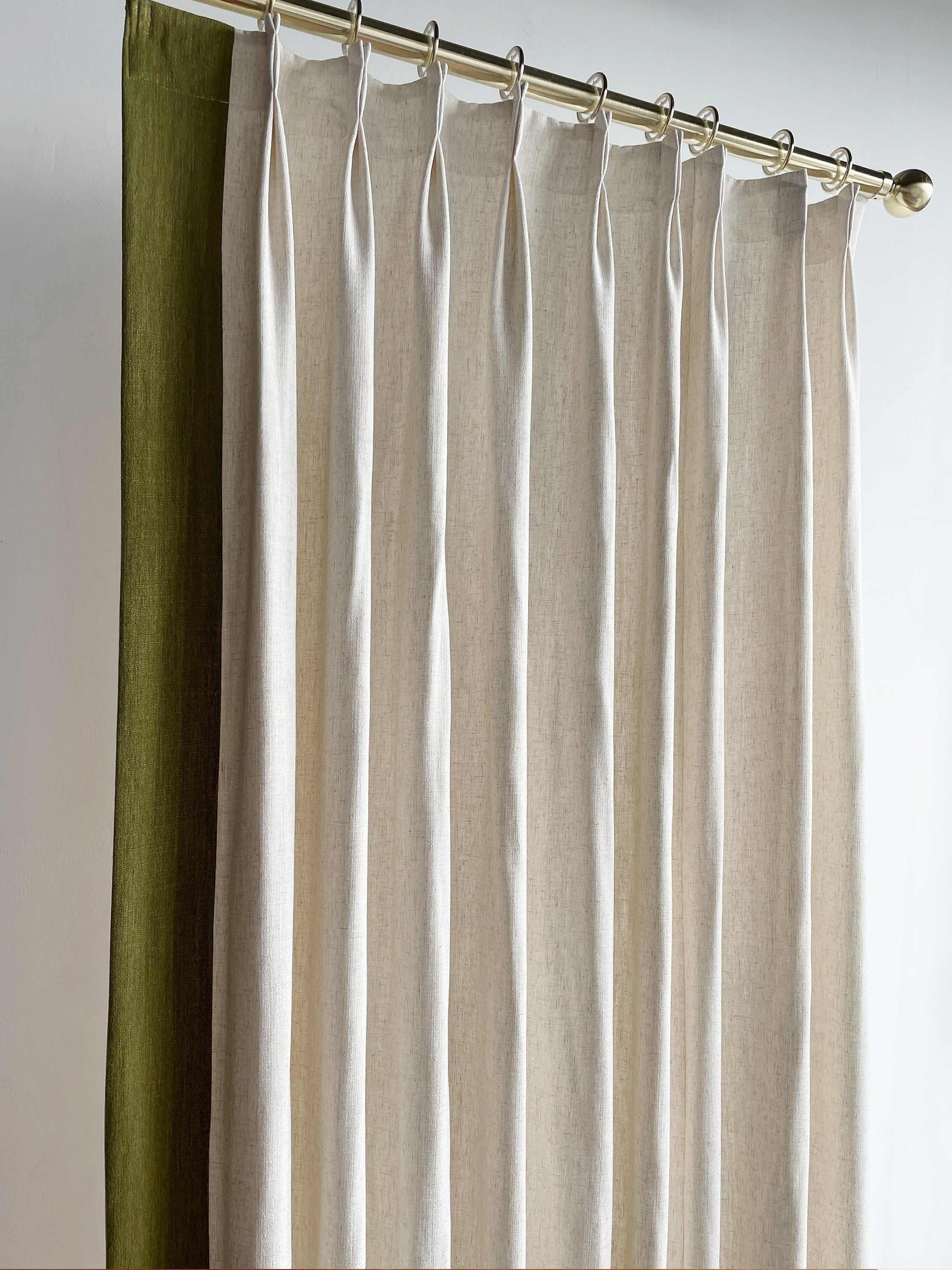 White Cotton Linen Curtain Panels,pleated Curtains With Green Contrast ...