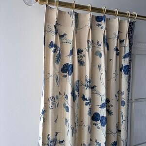 Blue Floral Cotton Linen Curtains, Curtains With Blue Geometric Trim ...