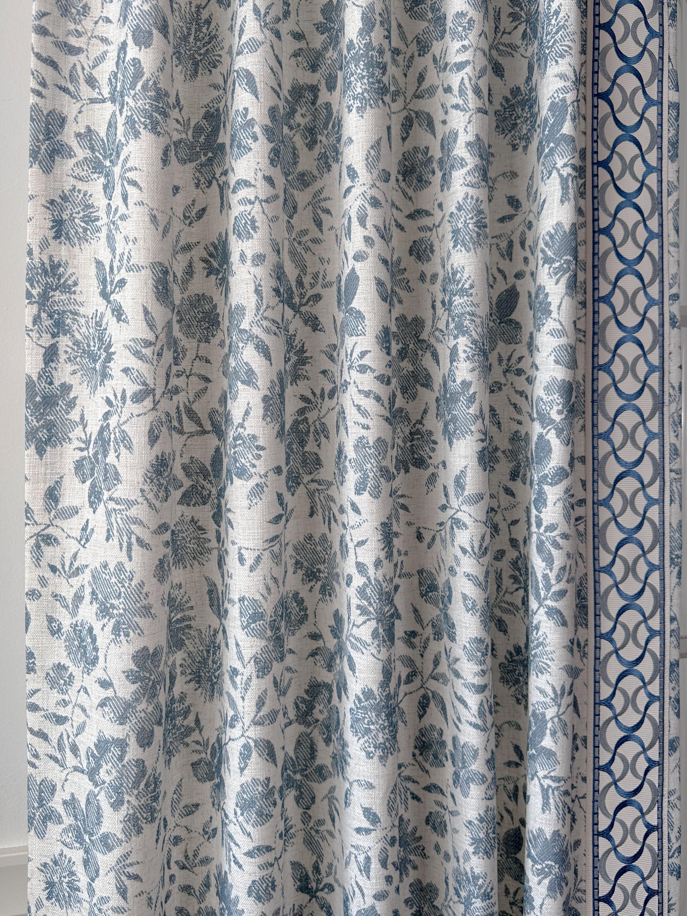 Floral Print Blue Curtain With Trim,rod Pocket Linen Curtain,custom ...