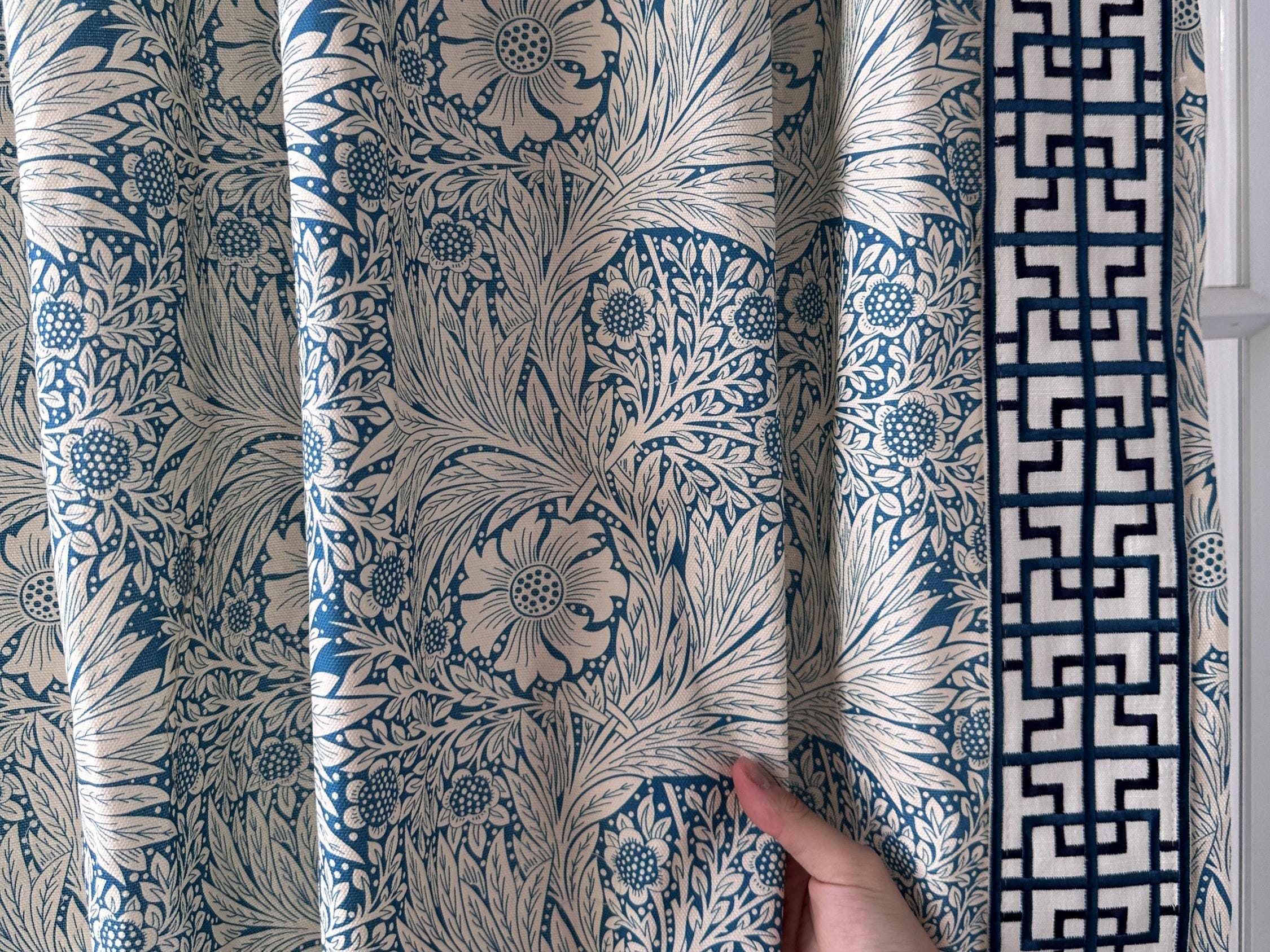 Blue Floral Pattern Linen Cotton Curtains With Blue Geometric Trim ...