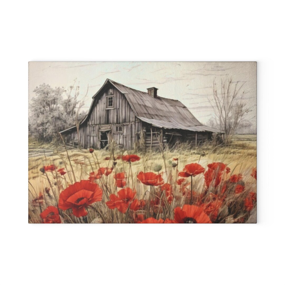Rustic Old Barn and Poppies Glass Cutting Board, Farmhouse Kitchen ...