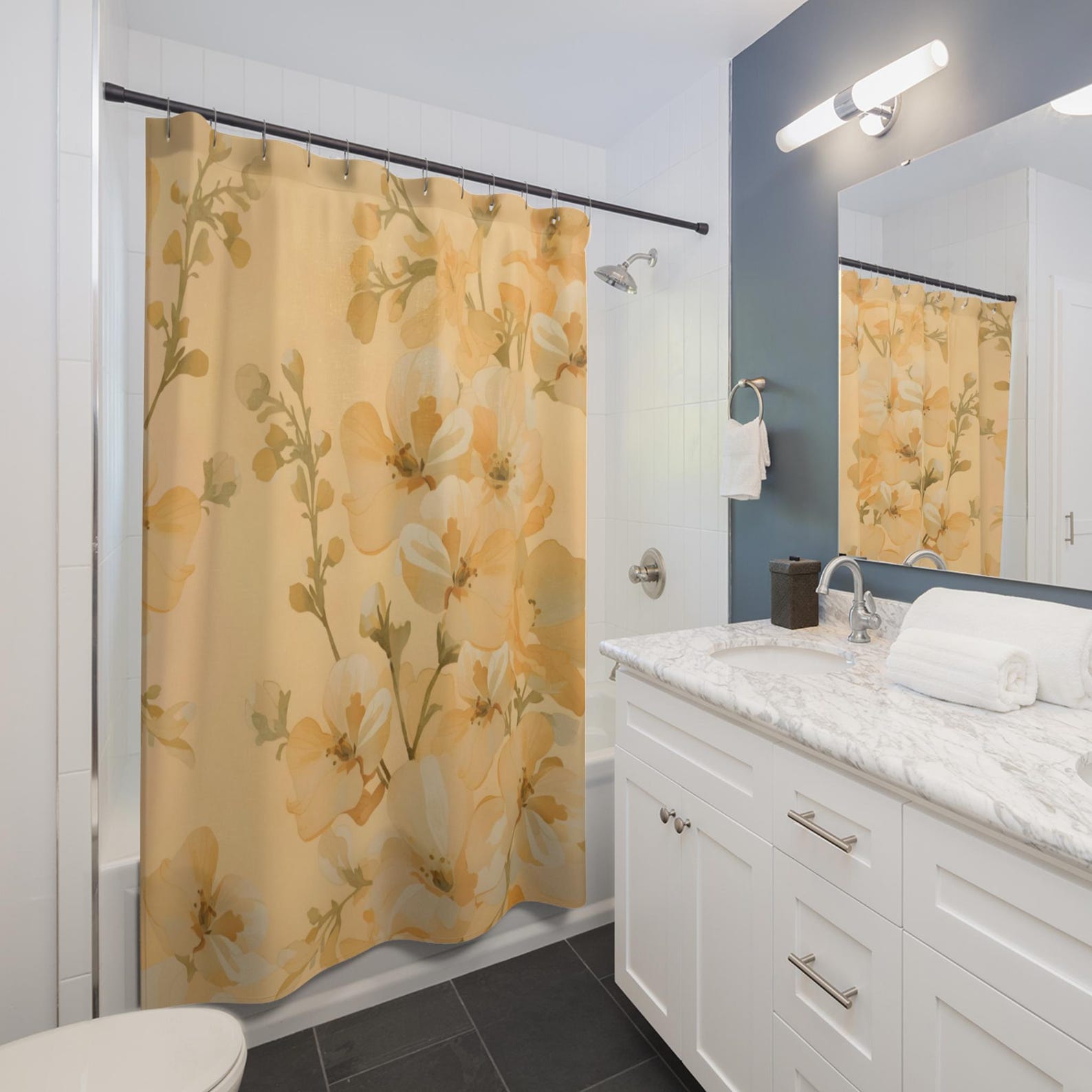 Soft Golden Yellow Watercolor Floral Shower Curtain, Botanical Bathroom ...
