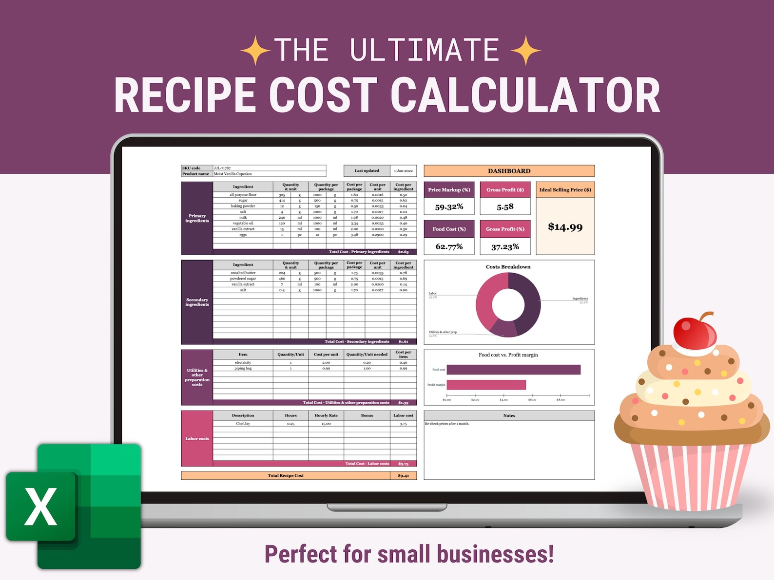 Recipe Cost Calculator, Spreadsheet Template for MS Excel, Recipe ...