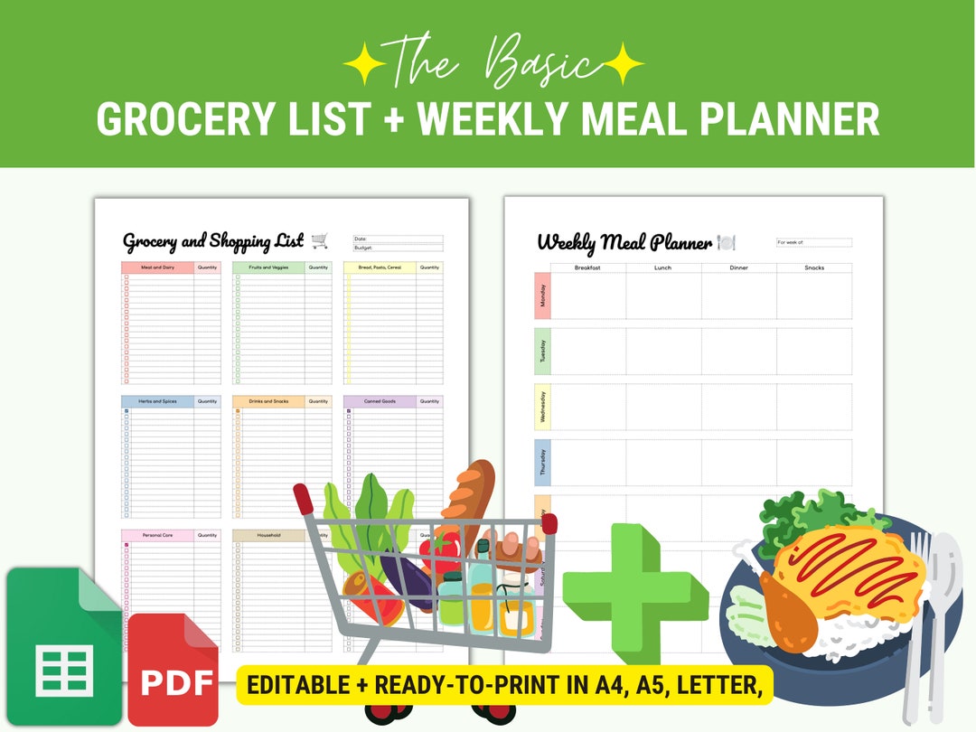 Weekly Meal Planner Digital, Grocery List Google Sheets, Printable Meal ...