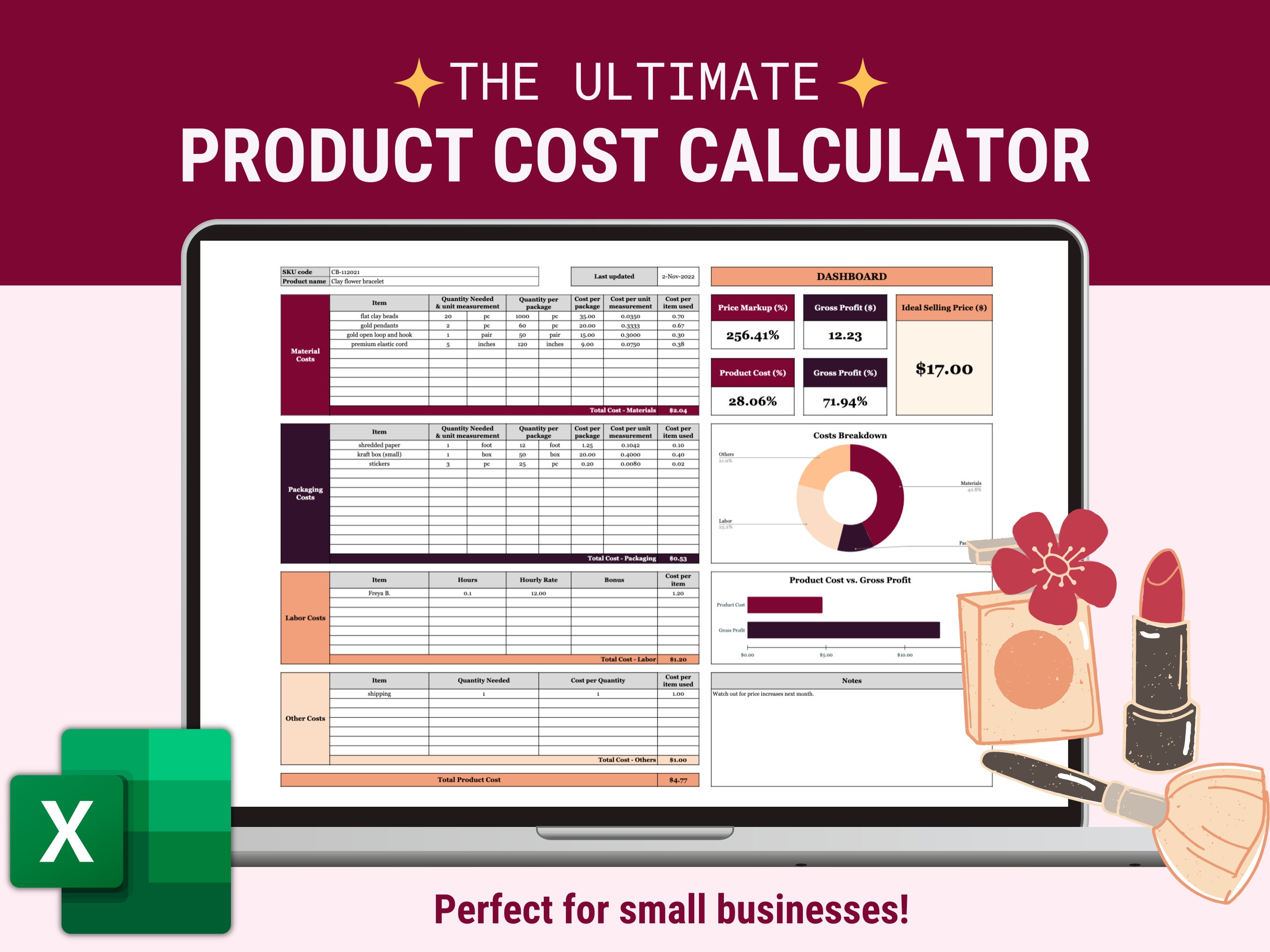 Product Cost Calculator, Spreadsheet Template for MS Excel, Product Costing, Raw and Packaging ...